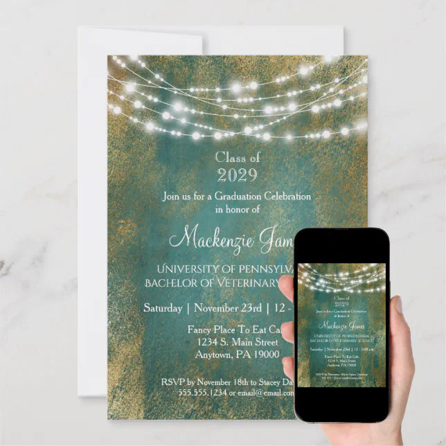 Teal Gold Lights Graduation Party Invitation | Zazzle