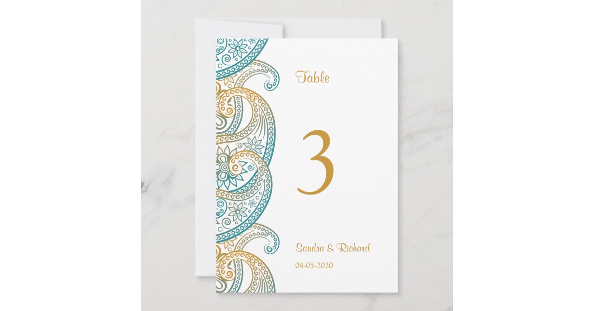 Teal & Gold Paisley Indian Wedding Table Numbers | Zazzle