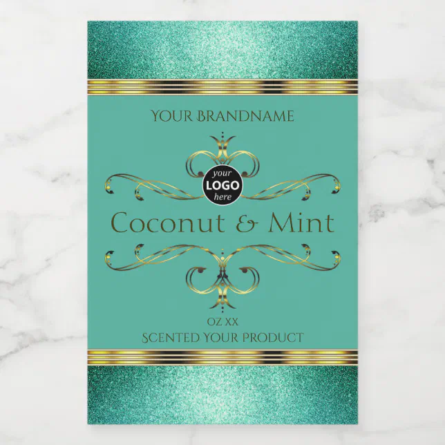 Teal Gold Product Labels Glitter Borders with Logo | Zazzle