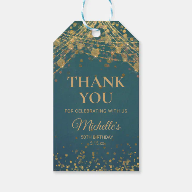 Teal Gold String Lights Adult Birthday Thank You Gift Tags | Zazzle