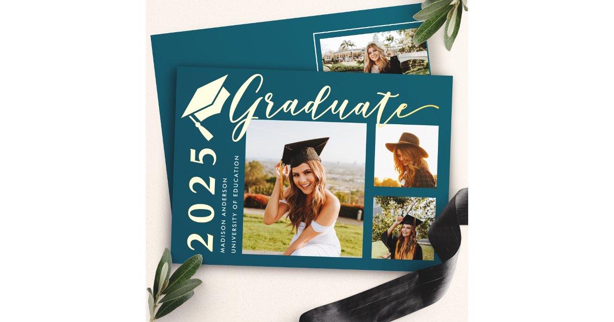 Teal Grad Cap Photo Foil Graduation Announcement | Zazzle