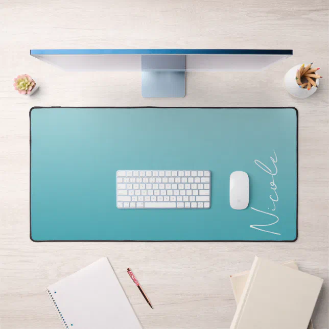 Teal Gradient Handwriting Script Personalized Desk Mat | Zazzle