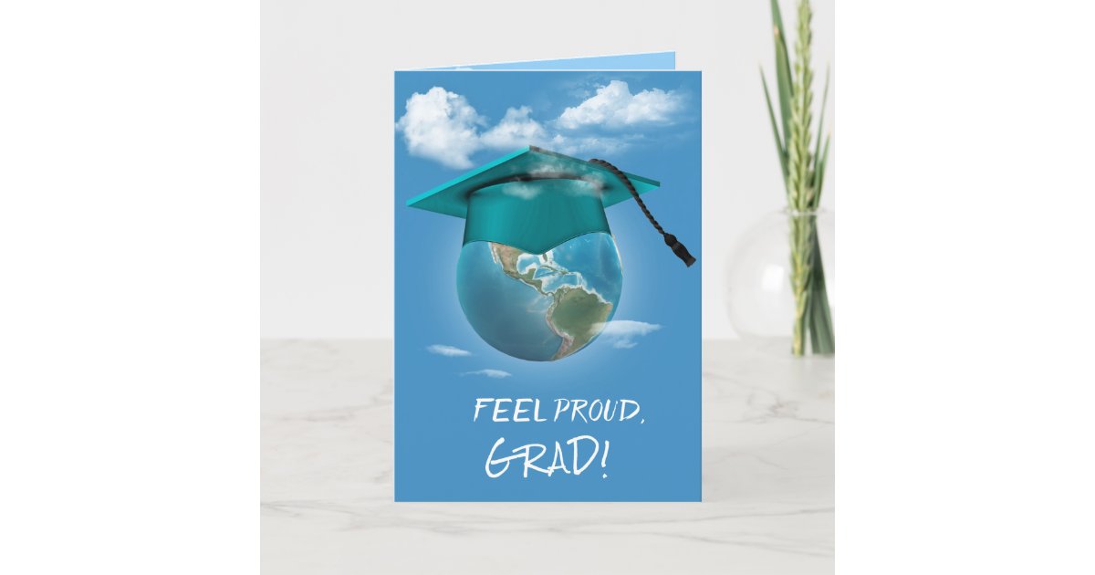 Teal Graduation Cap on Planet Earth Card | Zazzle