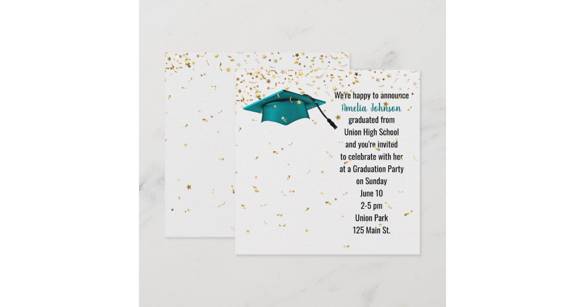 Teal Graduation Cap with Gold Confetti Invitation | Zazzle
