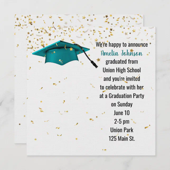 Teal Graduation Cap with Gold Confetti Invitation | Zazzle