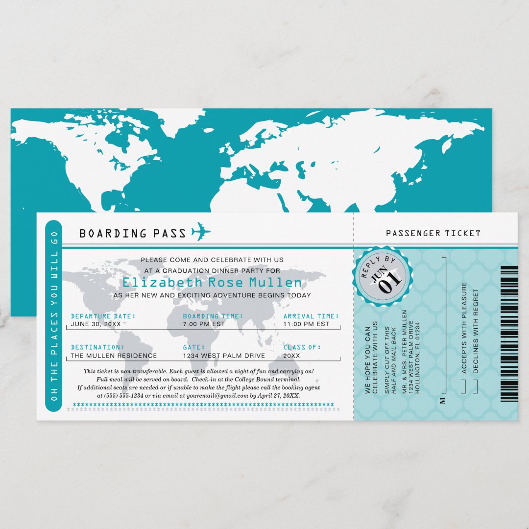 Teal Graduation World Traveler Boarding Pass Invitation | Zazzle