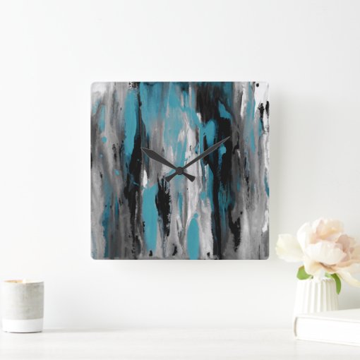 Teal Gray Black and White Abstract Square Wall Clock | Zazzle