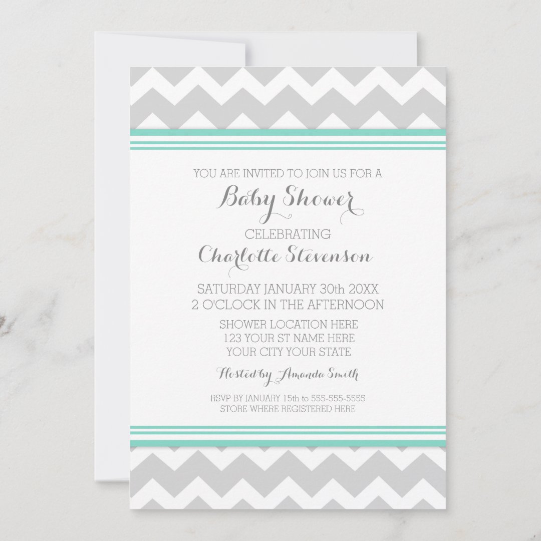 Teal Gray Chevron Custom Baby Shower Invitations | Zazzle