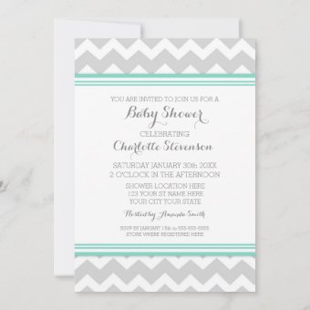 Teal Gray Chevron Custom Baby Shower Invitations | Zazzle