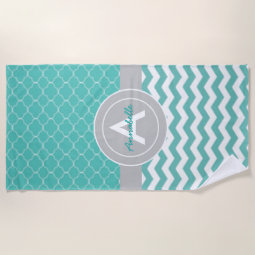 Teal Gray Chevron Quatrefoil Beach Towel | Zazzle