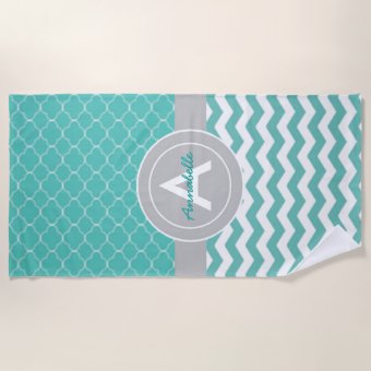 Teal Gray Chevron Quatrefoil Beach Towel | Zazzle