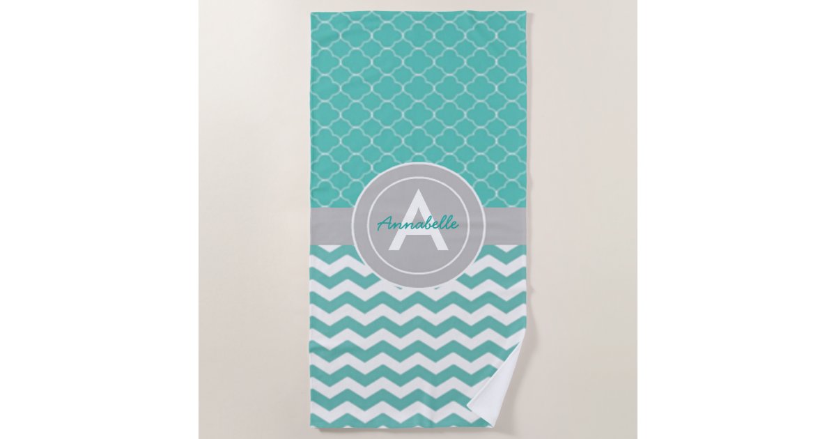 Teal Gray Chevron Quatrefoil Beach Towel | Zazzle