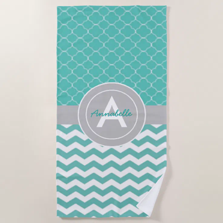 Teal Gray Chevron Quatrefoil Beach Towel | Zazzle