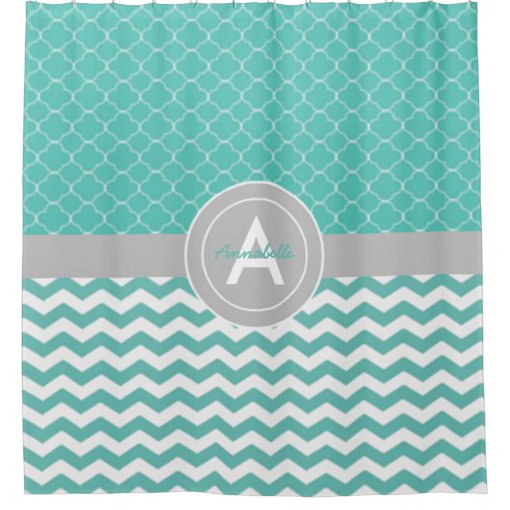 Teal Gray Chevron Quatrefoil Shower Curtain | Zazzle