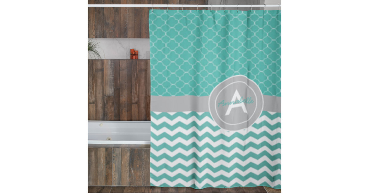 Teal Gray Chevron Quatrefoil Shower Curtain | Zazzle