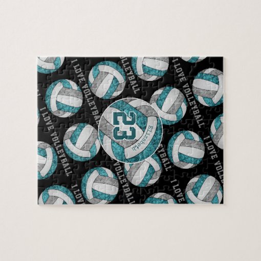 Teal gray girls I love volleyball personalized Jigsaw Puzzle | Zazzle