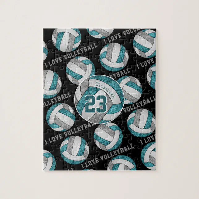 Teal gray girls I love volleyball personalized Jigsaw Puzzle | Zazzle