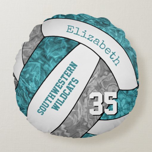 teal gray girls sports gifts volleyball round pillow | Zazzle