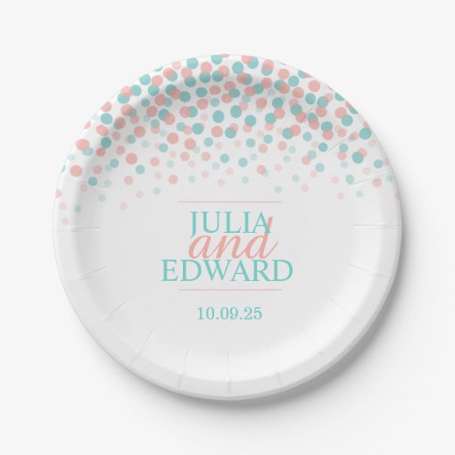 Teal green coral orange dots custom paper plate | Zazzle