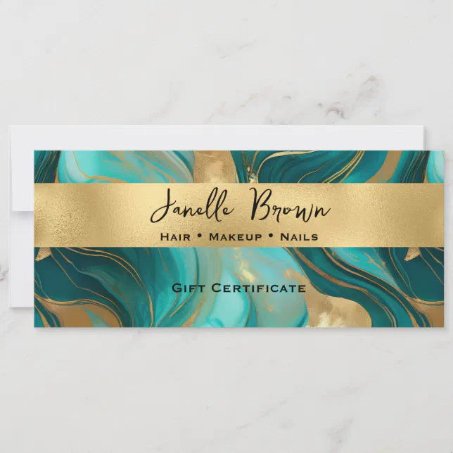 Teal Green Faux Gold Marbled Gift Certificate Card | Zazzle
