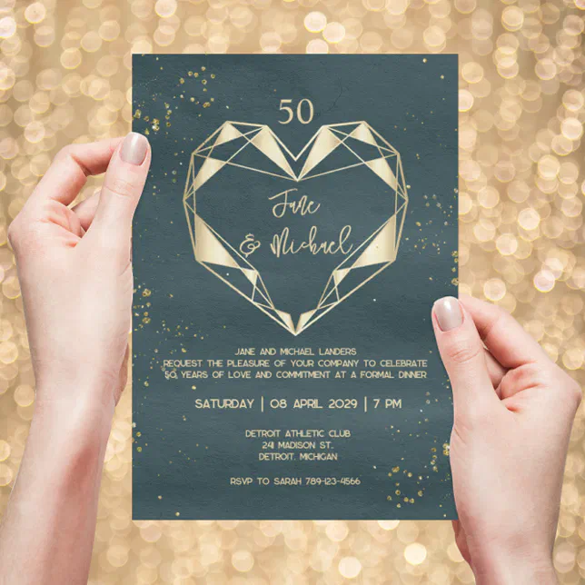 Teal Green Geometric Golden Heart 50th Anniversary Invitation | Zazzle