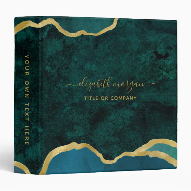 Teal Green Gold Agate Geode Signature Script 3 Ring Binder | Zazzle