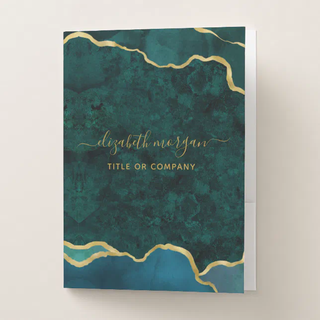 Teal Green Gold Agate Geode Signature Script Pocket Folder | Zazzle