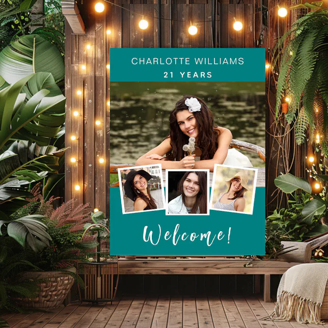 Teal green photo collage birthday party welcome poster | Zazzle