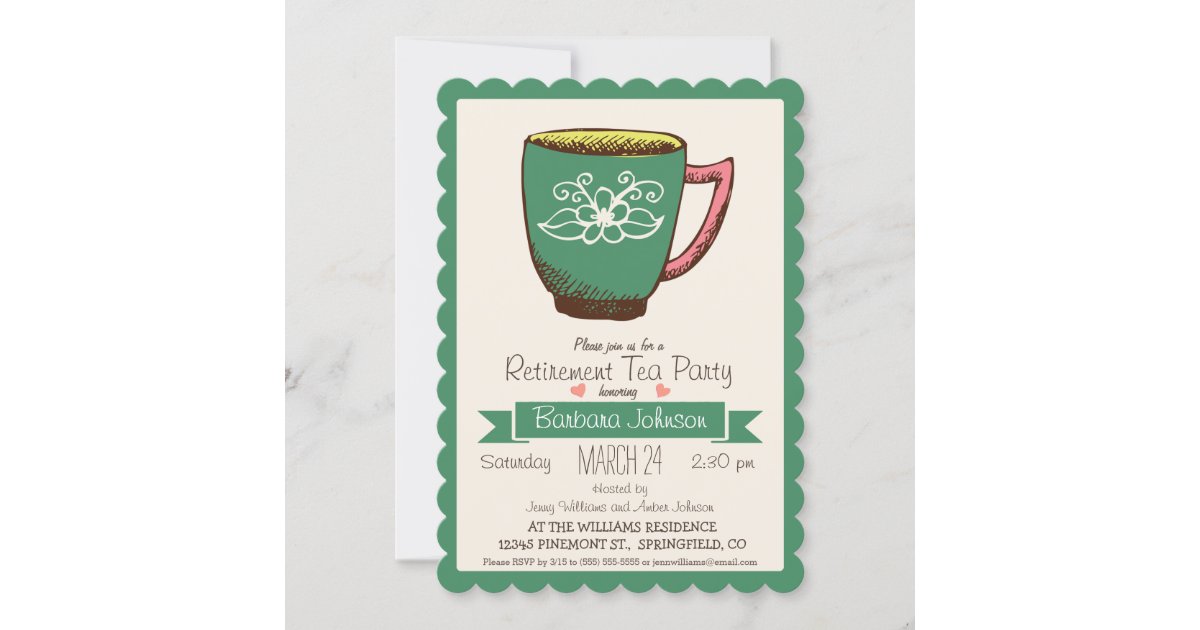 Teal Green & Pink Retirement Tea Party Invitation | Zazzle