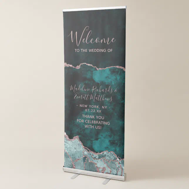 Teal Green Rose Gold Agate Marble Wedding Welcome Retractable Banner ...
