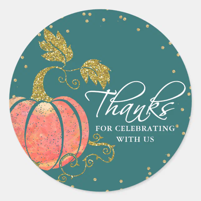 Teal Green Script Watercolor Pumpkin Thank You Classic Round Sticker ...