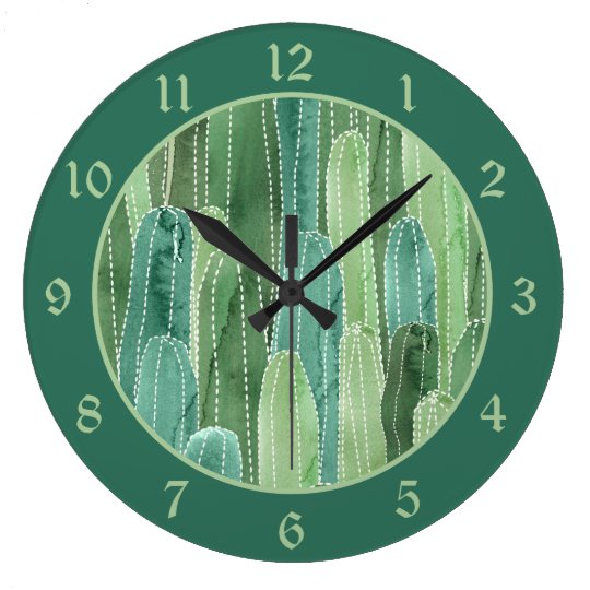 Teal Green Watercolor Cacti Pattern Large Clock | Zazzle.com