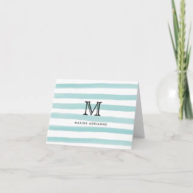 Teal Green Watercolor Stripes Pattern Monogram Note Card | Zazzle