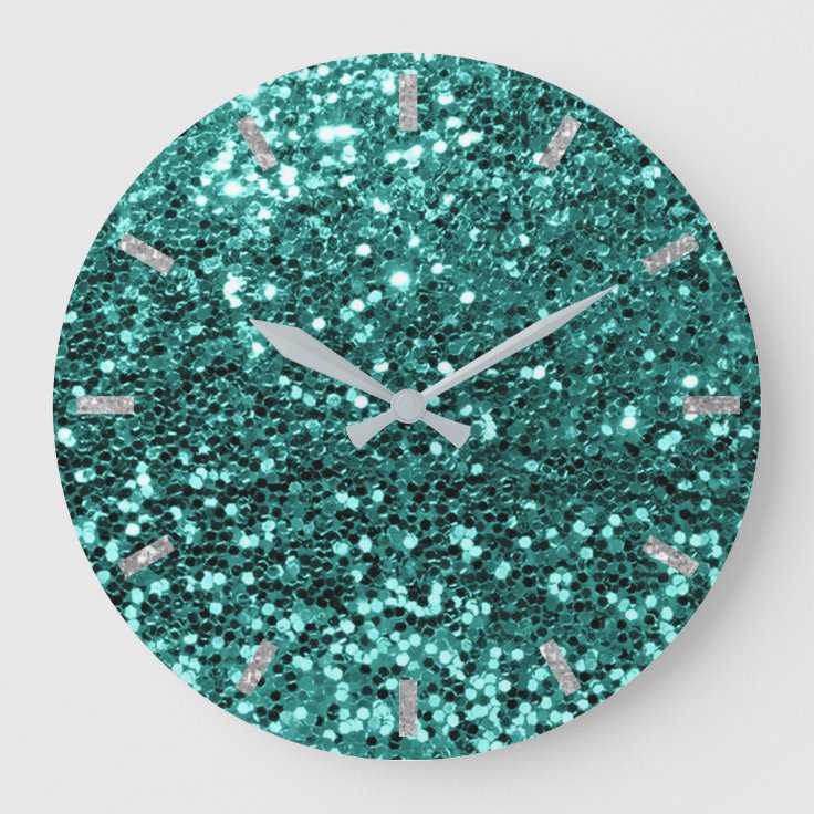 Teal Greenery Aqua Sparkly Faux Glitter Gray Glam Large Clock | Zazzle