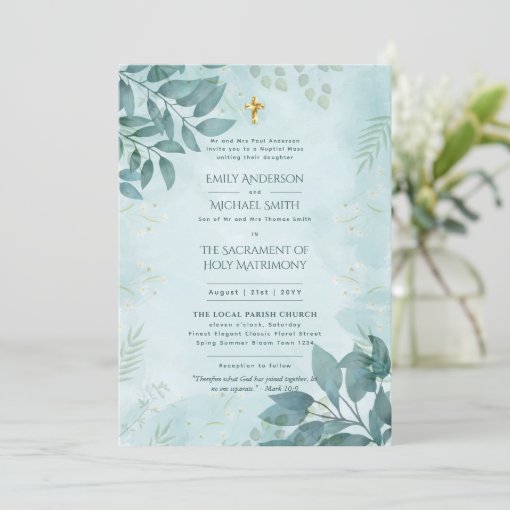 Teal Greenery Catholic Nuptial Mass Wedding Invitation | Zazzle