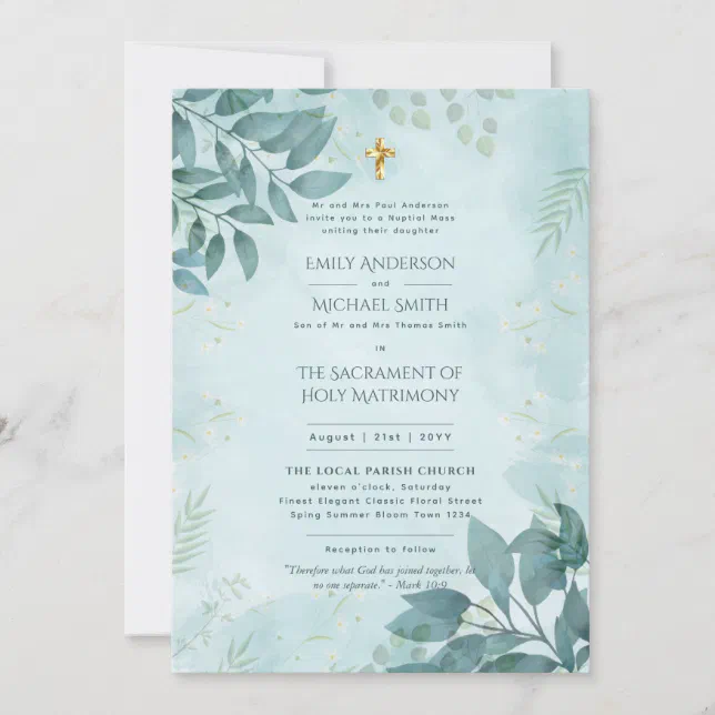 Teal Greenery Catholic Nuptial Mass Wedding Invitation | Zazzle