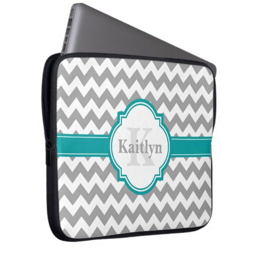 Teal Grey Chevron Pattern & Moroccan Quatrefoil Laptop Sleeve | Zazzle