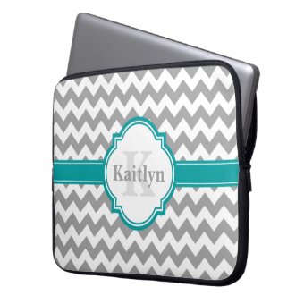 Teal Grey Chevron Pattern & Moroccan Quatrefoil Laptop Sleeve | Zazzle