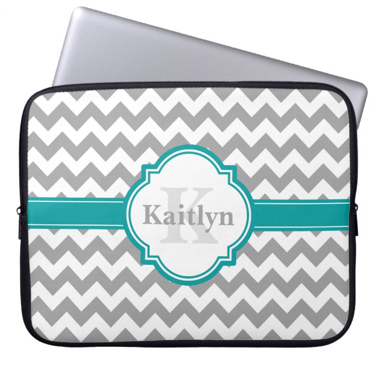 Teal Grey Chevron Pattern & Moroccan Quatrefoil Laptop Sleeve | Zazzle