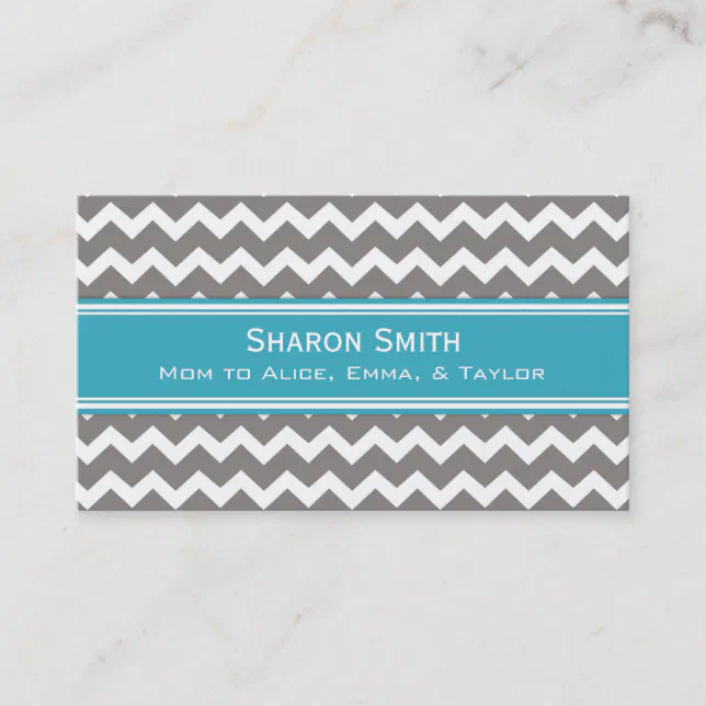 Teal Grey Chevron Retro Mom Calling Cards | Zazzle