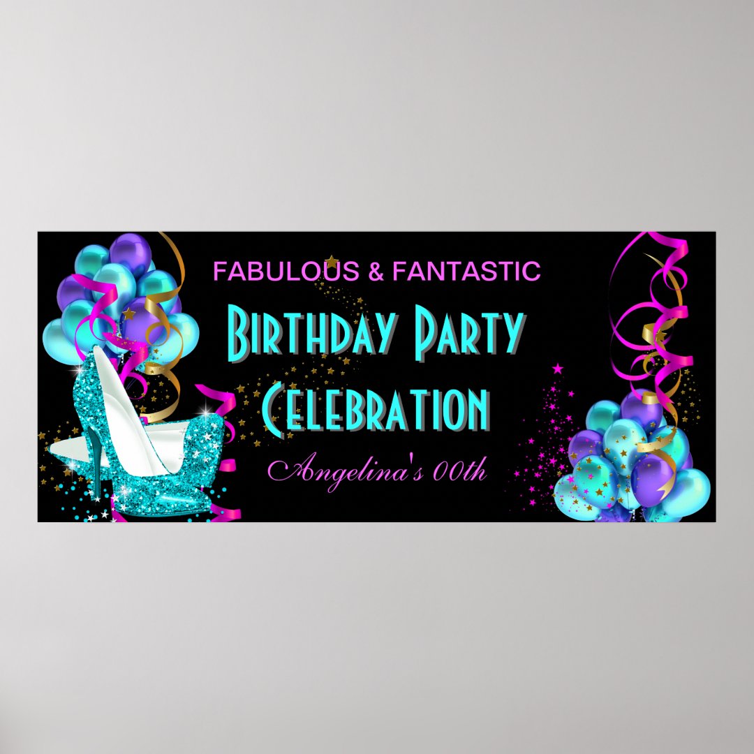 TEAL HOT PINK Banner Birthday Party Celebration 2 Poster | Zazzle