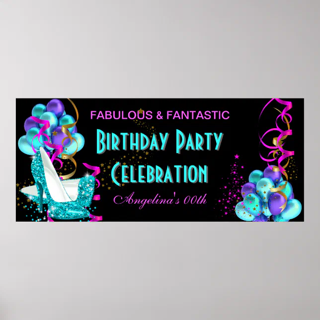 TEAL HOT PINK Banner Birthday Party Celebration 2 Poster | Zazzle