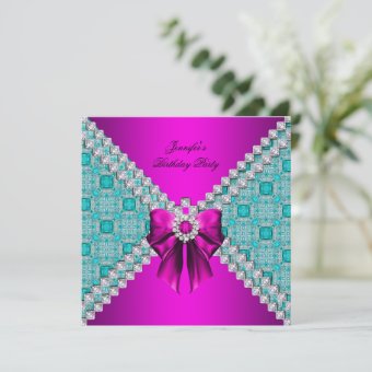 Teal Hot Pink Diamonds Elegant Birthday Party Invitation | Zazzle