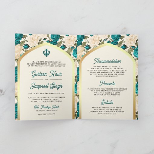 Teal Ivory Floral All in One Sikh Wedding Invitation | Zazzle