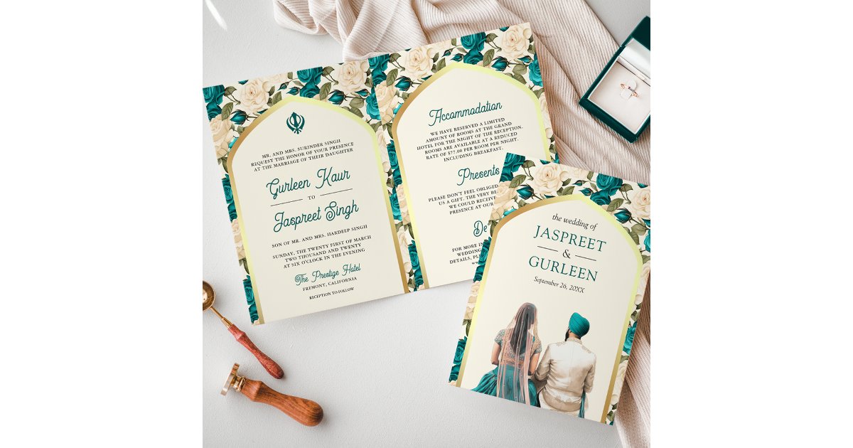 Teal Ivory Floral All in One Sikh Wedding Invitation | Zazzle
