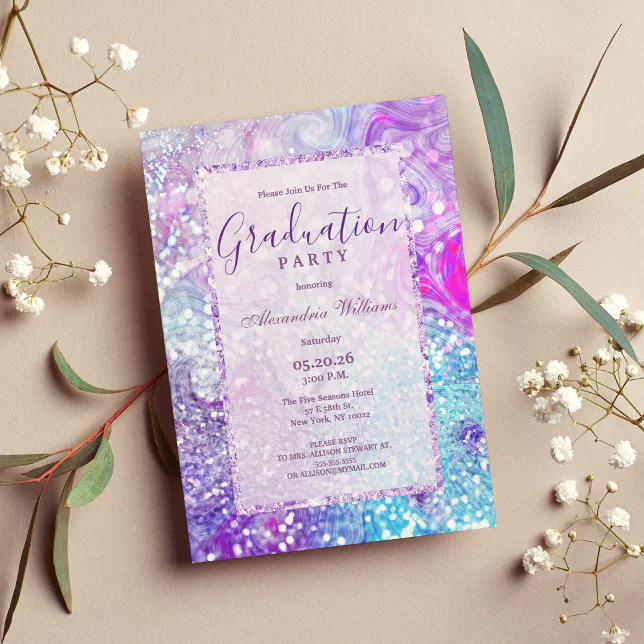 Teal lilac lavender marble glitter Graduation Invitation | Zazzle