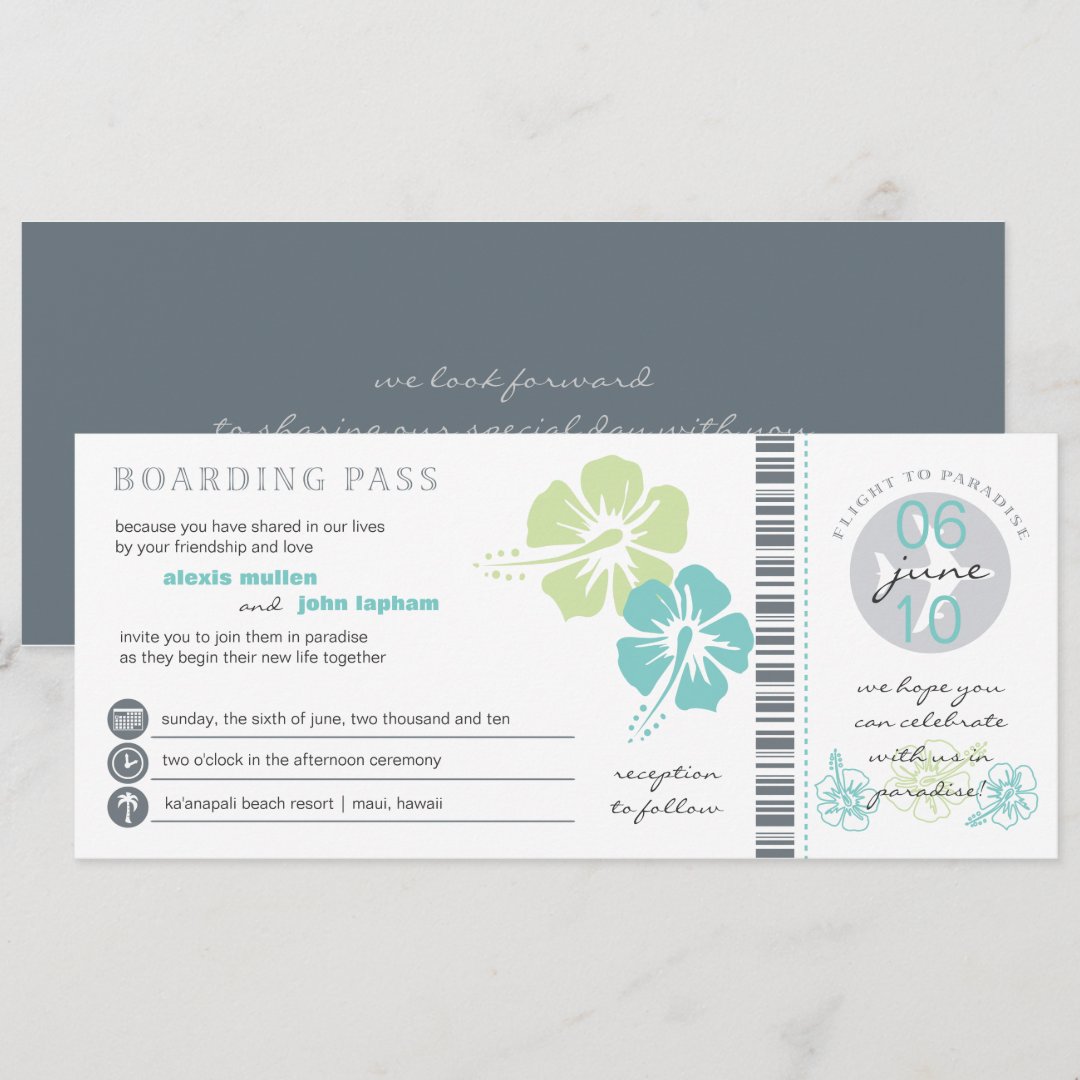 Teal & Lime Hibiscus Flower Boarding Pass Wedding Invitation | Zazzle