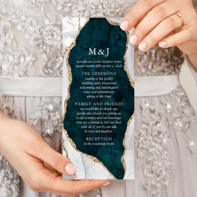 Teal, Marble & White Gold Agate Wedding Program | Zazzle