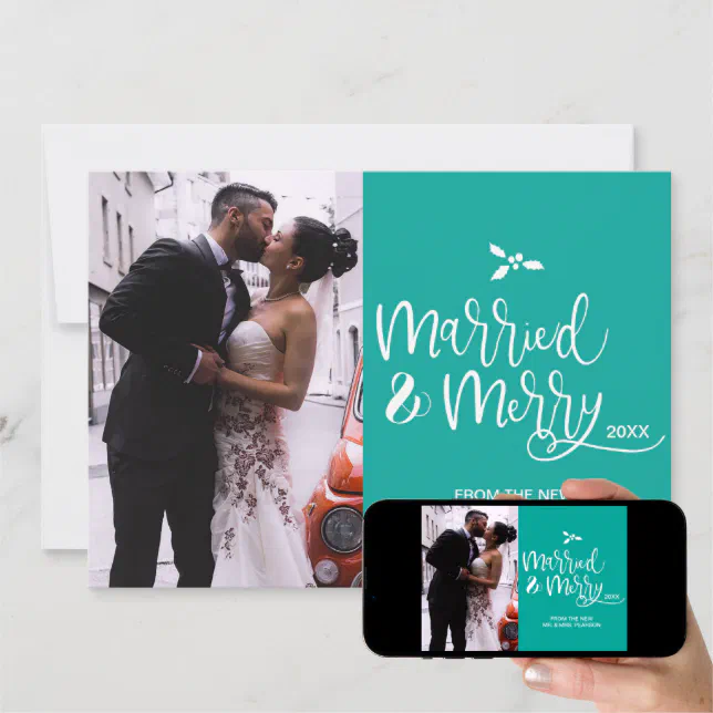 Teal Married and Merry Wedding photo Christmas Holiday Card | Zazzle