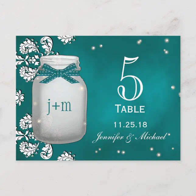 Teal Mason Jar with Fireflies Table Number Cards | Zazzle